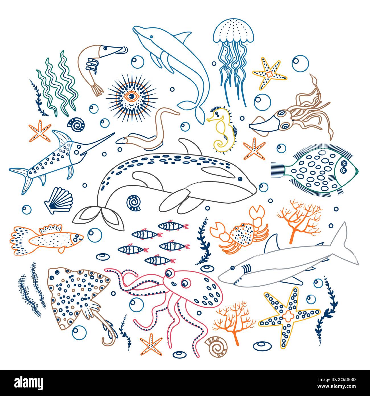 Concept Set of Cute Sea animals fish. Color outline line Vector ...