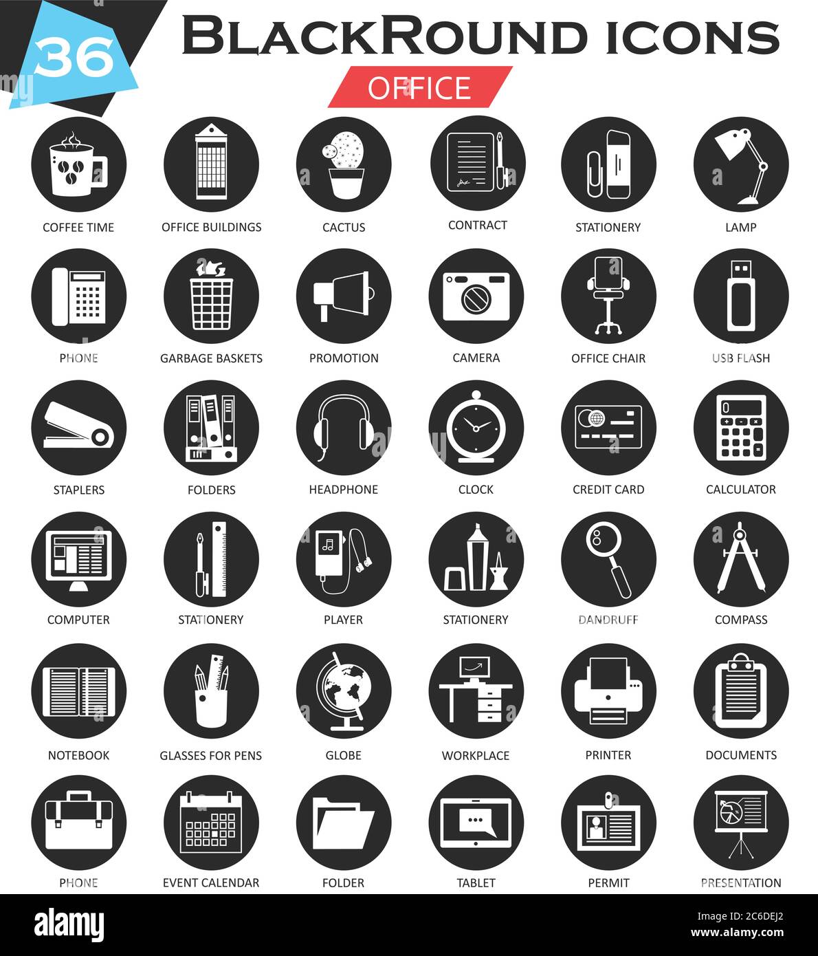 Vector Office circle white black icon set. Ultra modern icon design for ...
