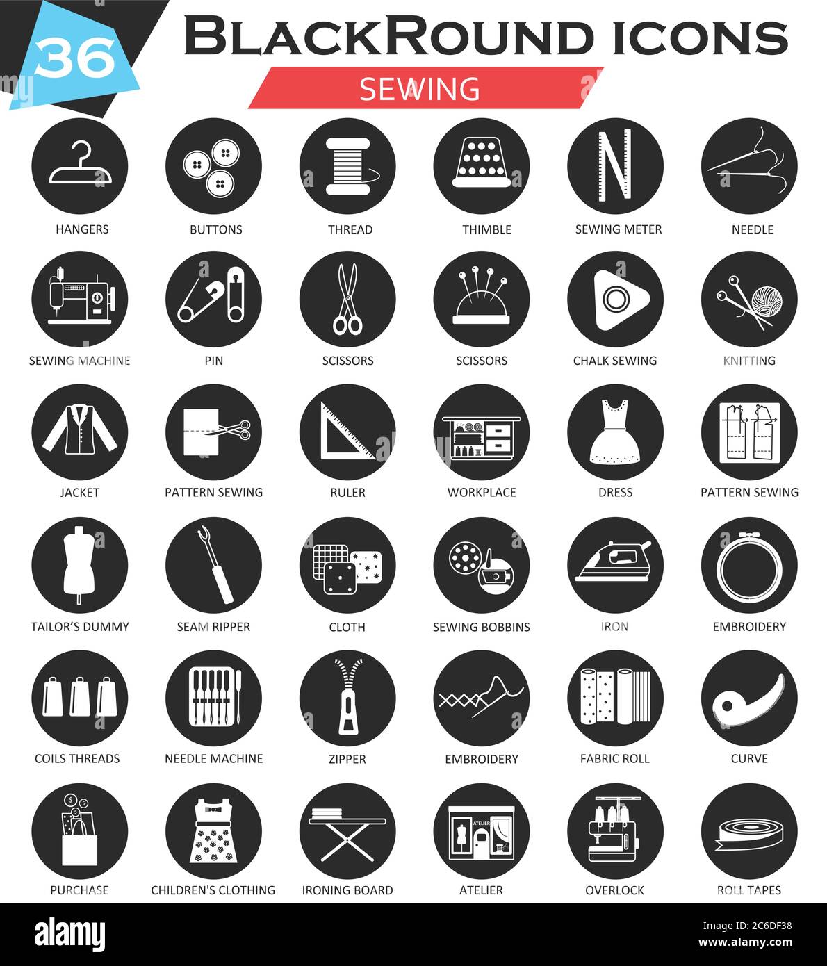 Vector Sewing circle white black icon set. Ultra modern icon design for ...