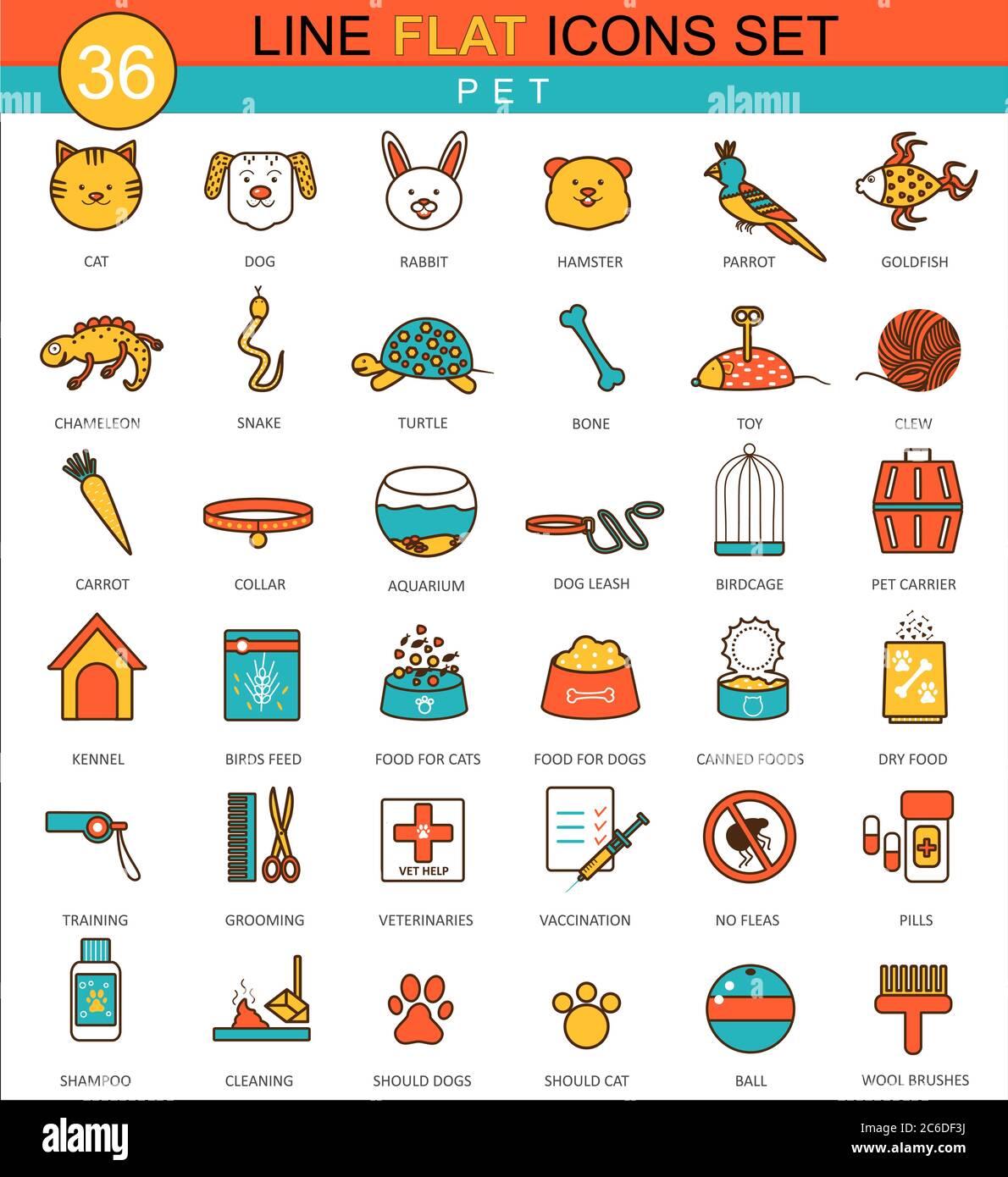 Vector Pets animal flat line icon set. Modern elegant style design for ...