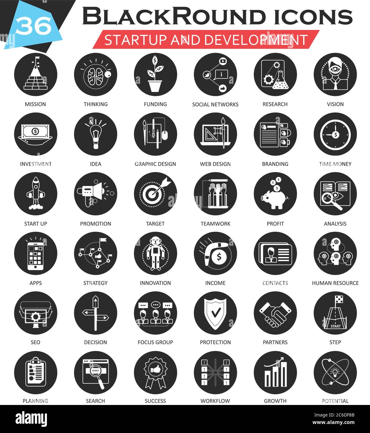 Vector Startup and development circle white black icon set. Ultra ...