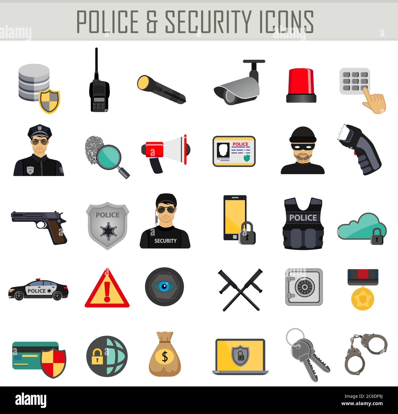 Vector police security and crime icons set. Infographics elements. web ...