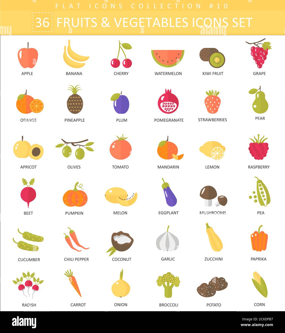 Vector vegetables and fruits color flat icon set. Elegant style design ...