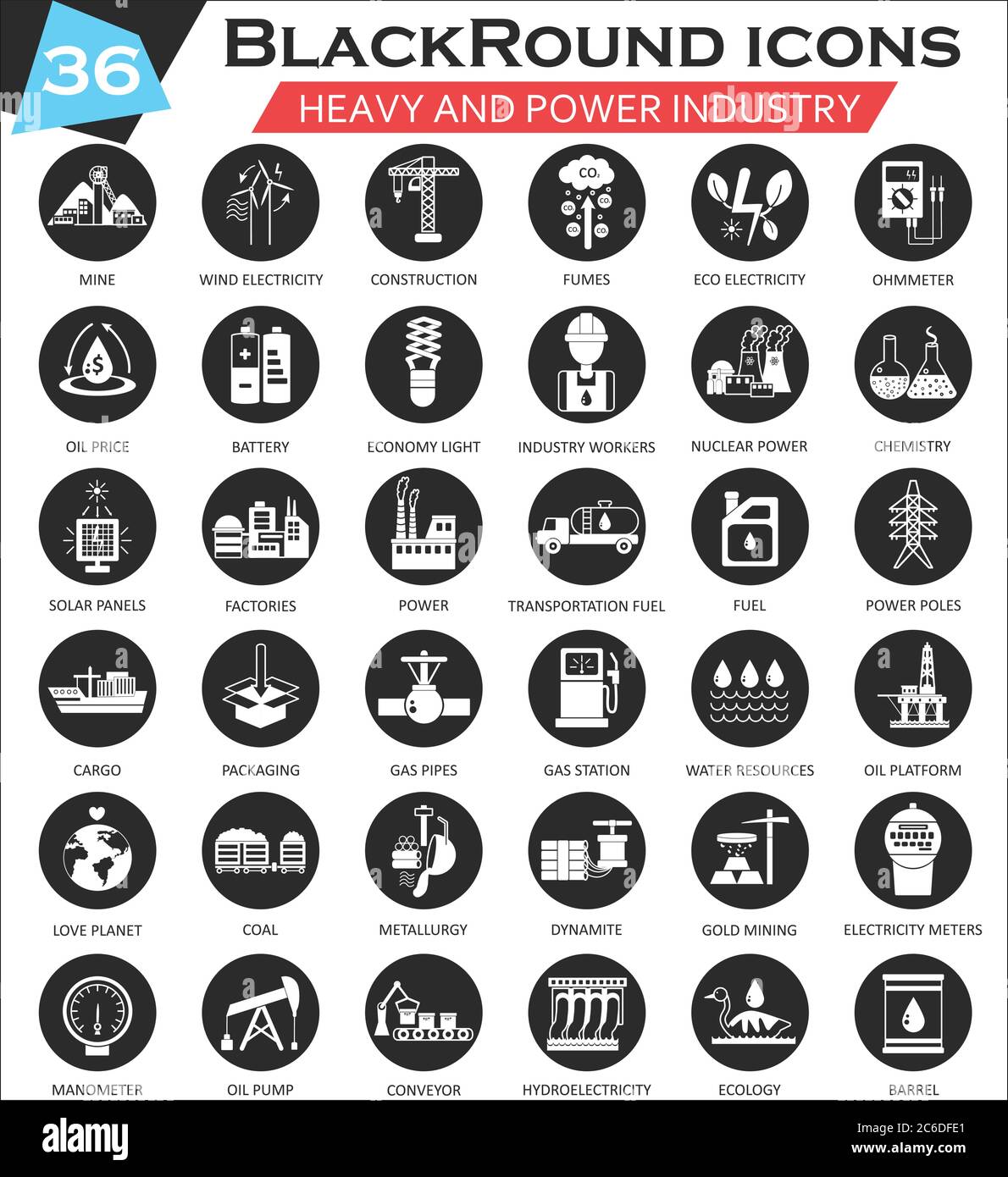 Vector Heavy and power industry circle white black icon set. Ultra ...