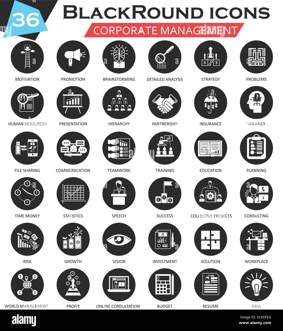 Vector Corporate management circle white black icon set. Ultra modern ...