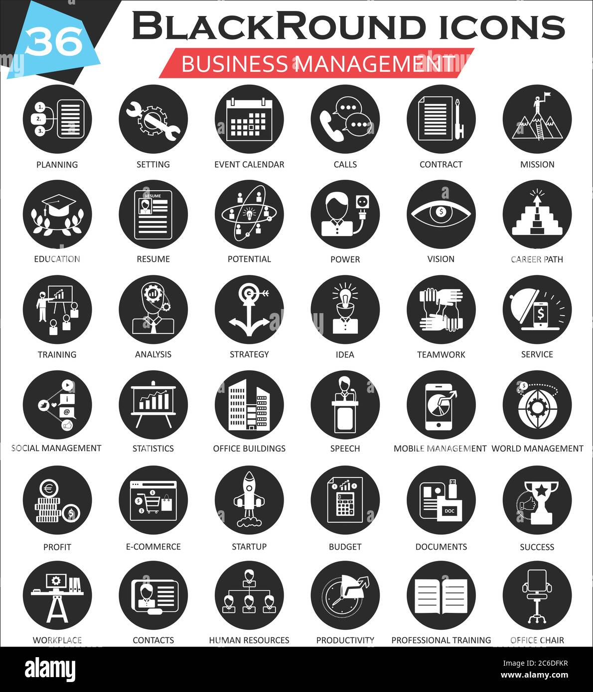 Vector Business management circle white black icon set. Ultra modern ...