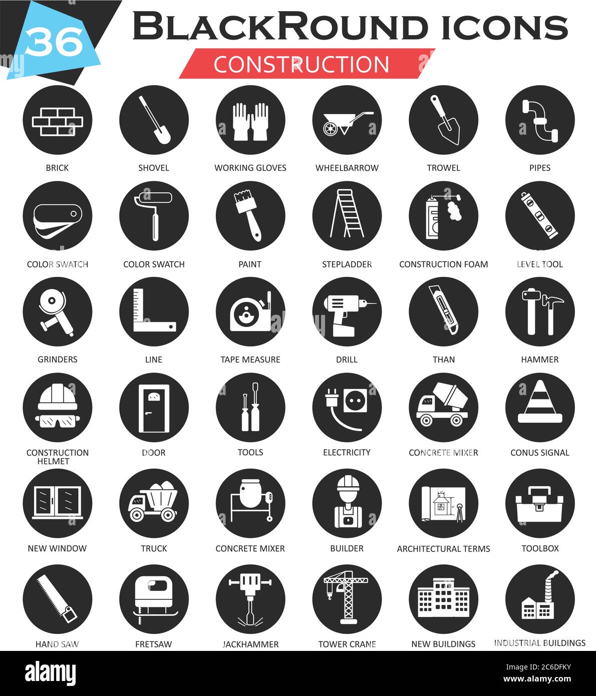 Vector Construction and building tools circle white black icon set ...