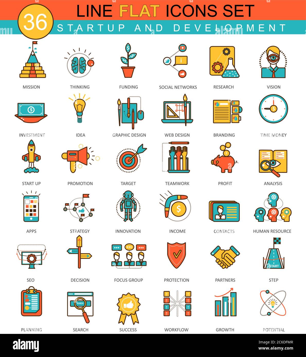 Vector Startup and development flat line icon set. Modern elegant style design for web Stock ...