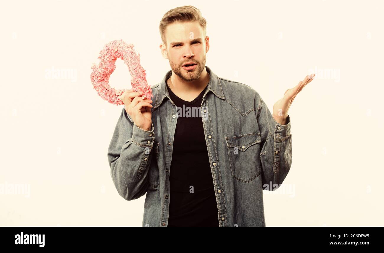 Guy well groomed hold heart white background. Man with beard celebrate ...