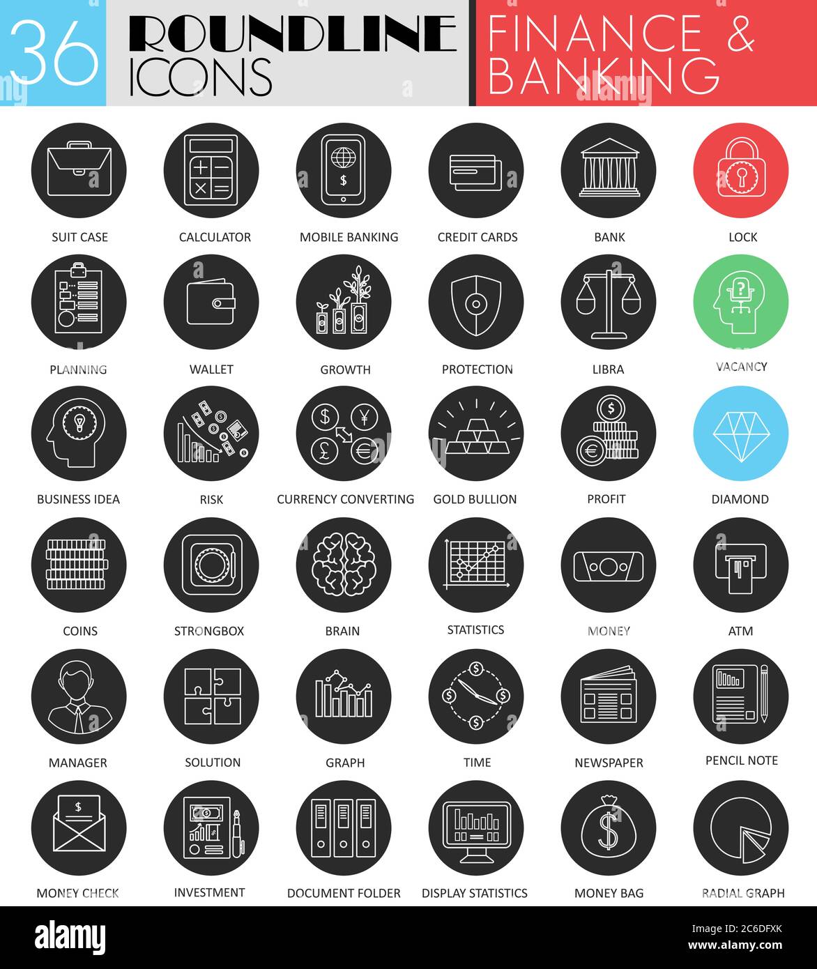 Vector finance banking circle white black icon set. Modern line black ...