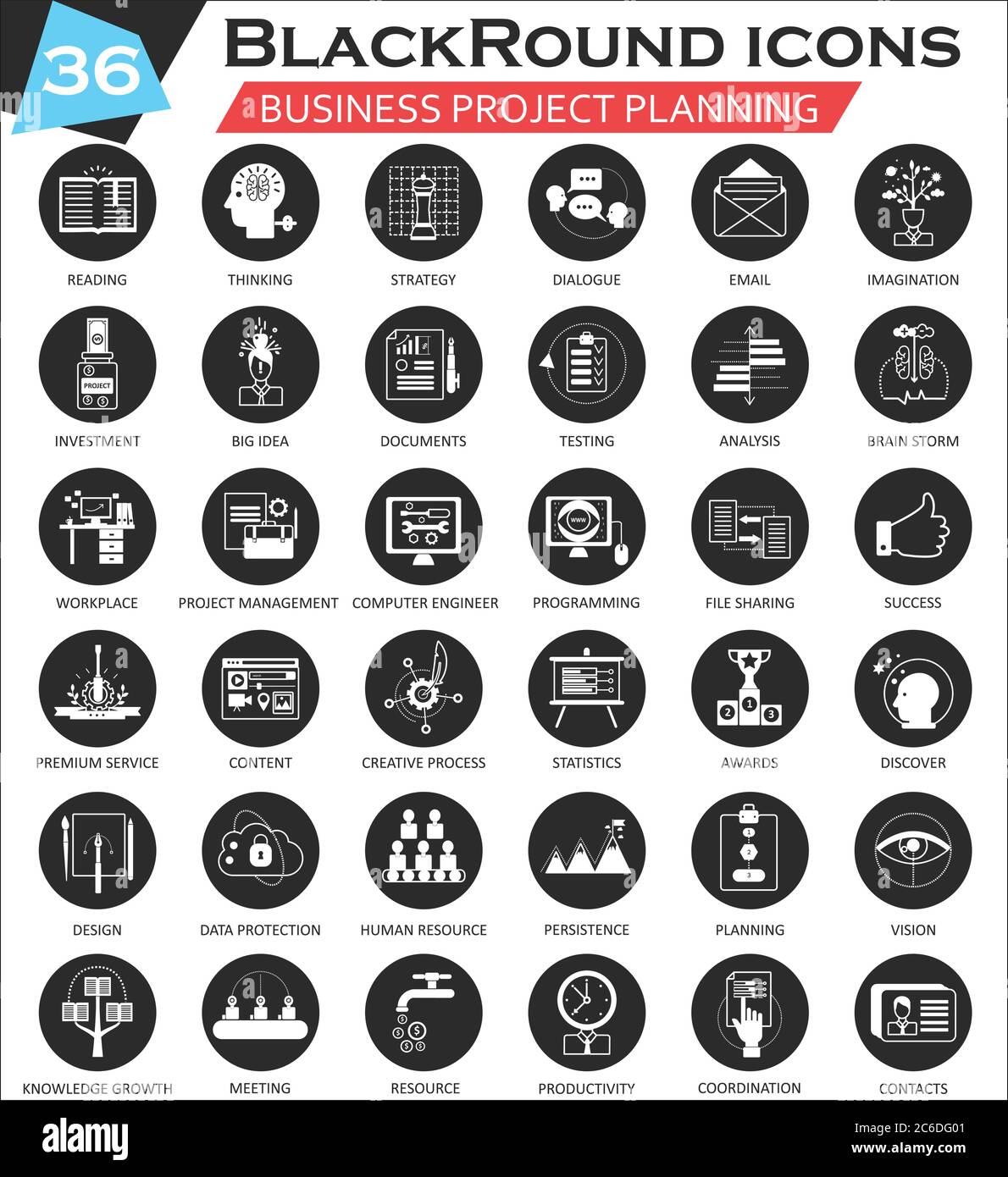 Vector Project planning circle white black icon set. Ultra modern icon ...