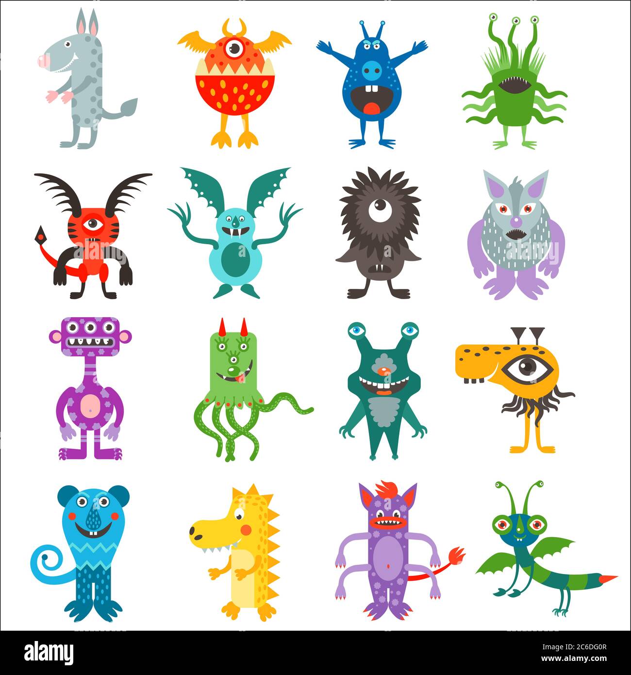 Cartoon cute color monsters aliens collection isolated Stock Vector ...