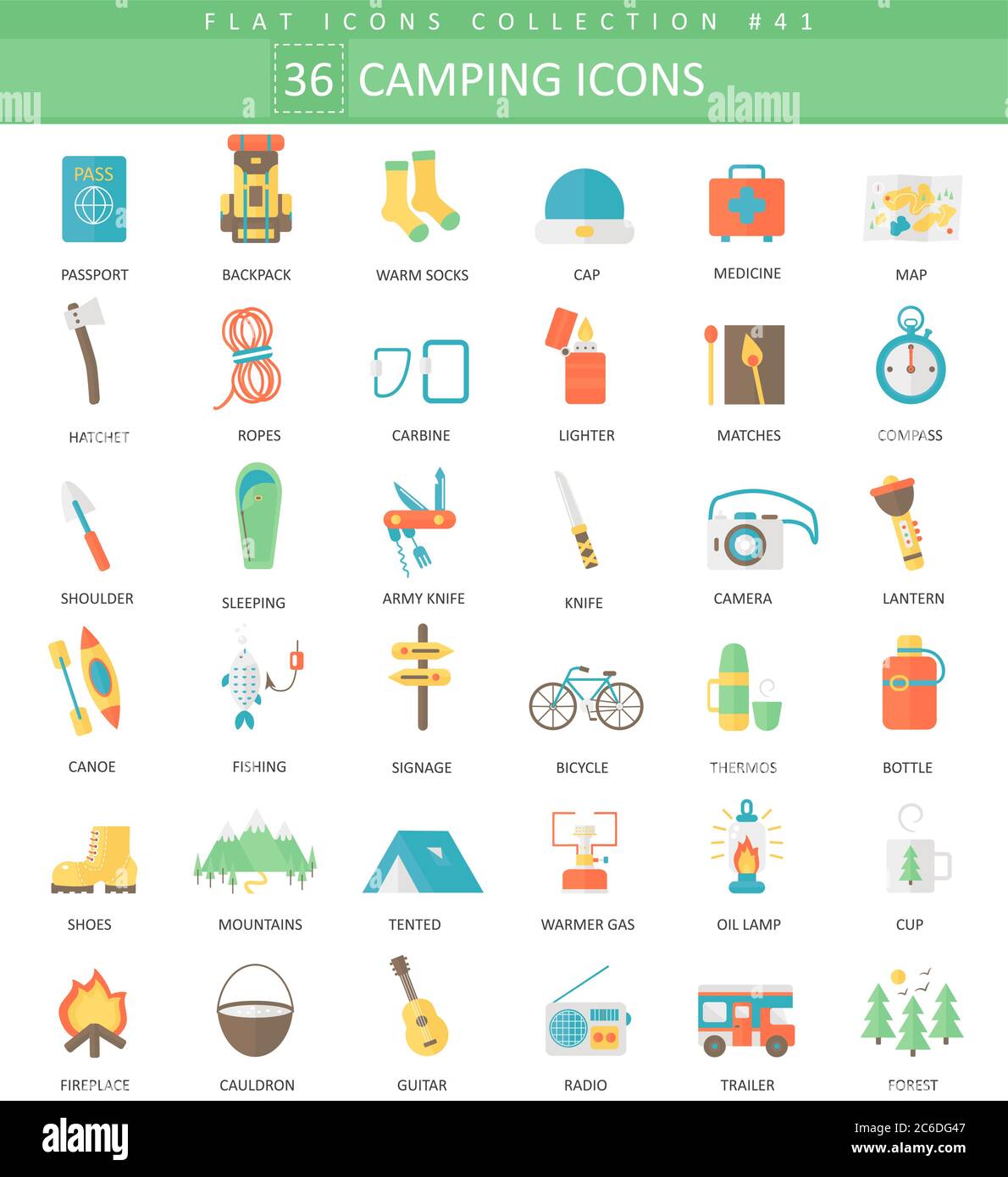 Vector Camping color flat icon set. Elegant style design Stock Vector ...