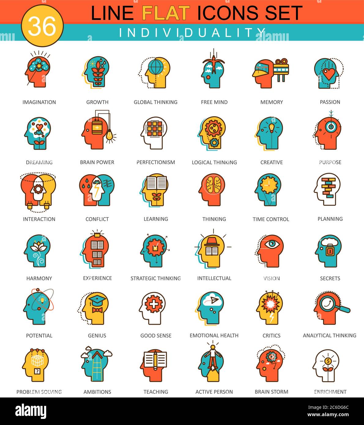 Vector Human personality and individuality features flat line icon set ...