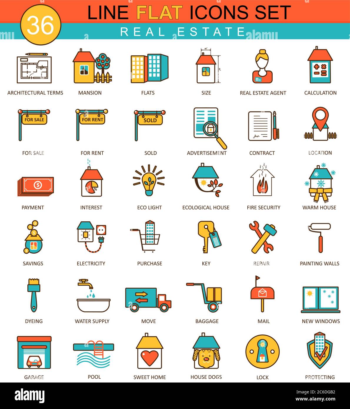 Vector Real estates flat line icon set. Modern elegant style design for ...