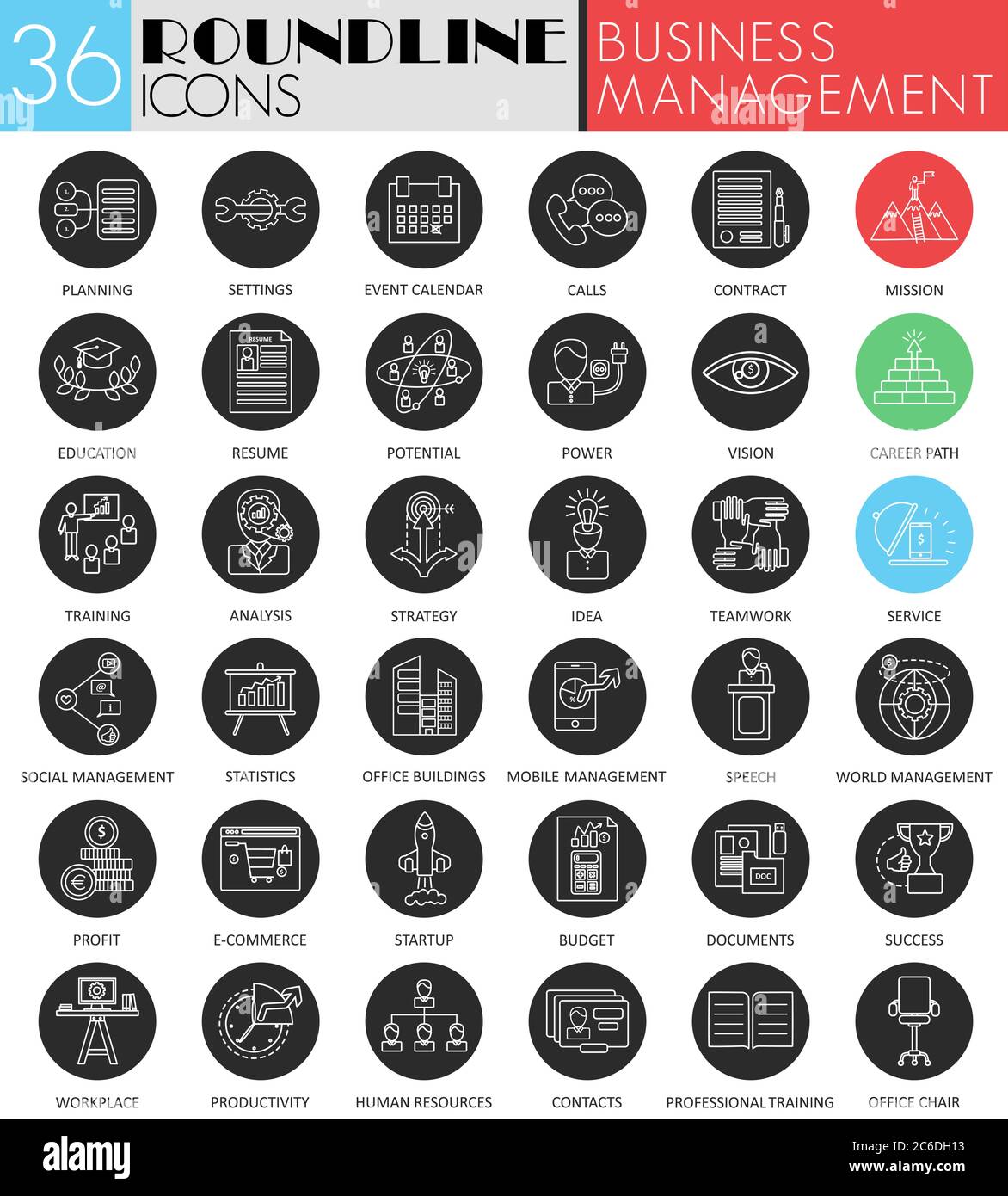 Vector Business management circle white black icon set. Modern line ...