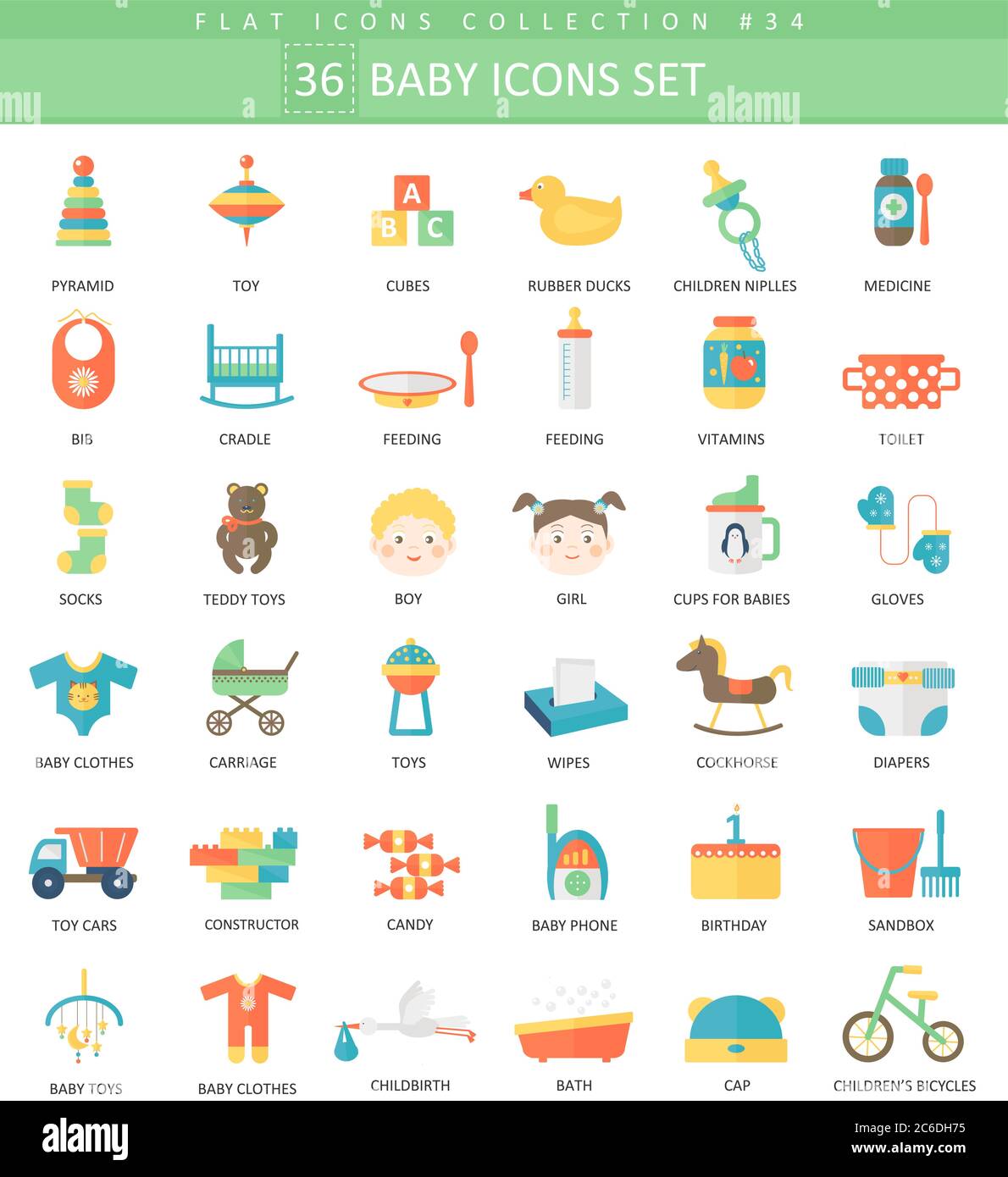 Vector Baby color flat icon set. Elegant style design Stock Vector ...