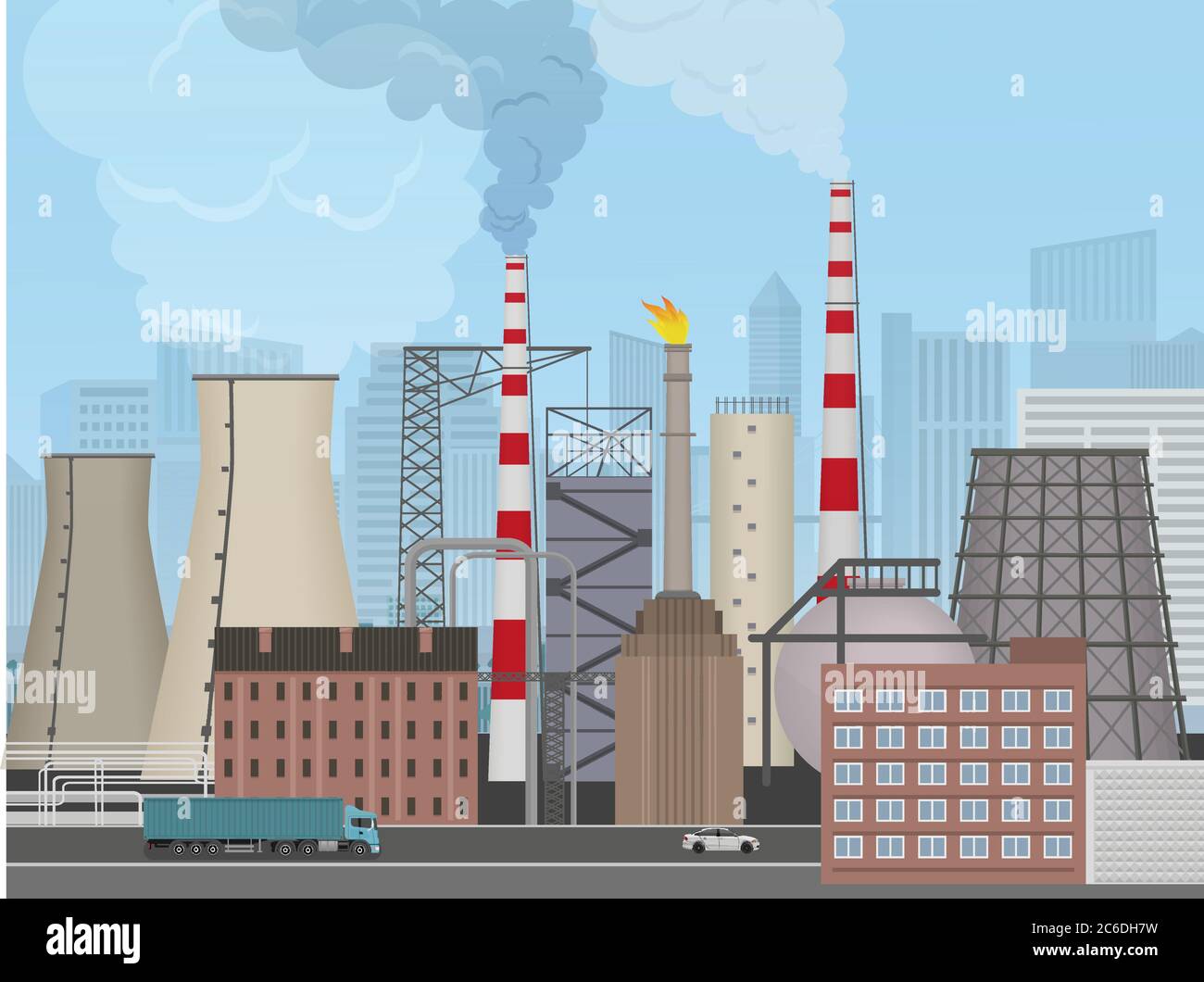 Plant factory on the city background. Industrial factory landscape ...