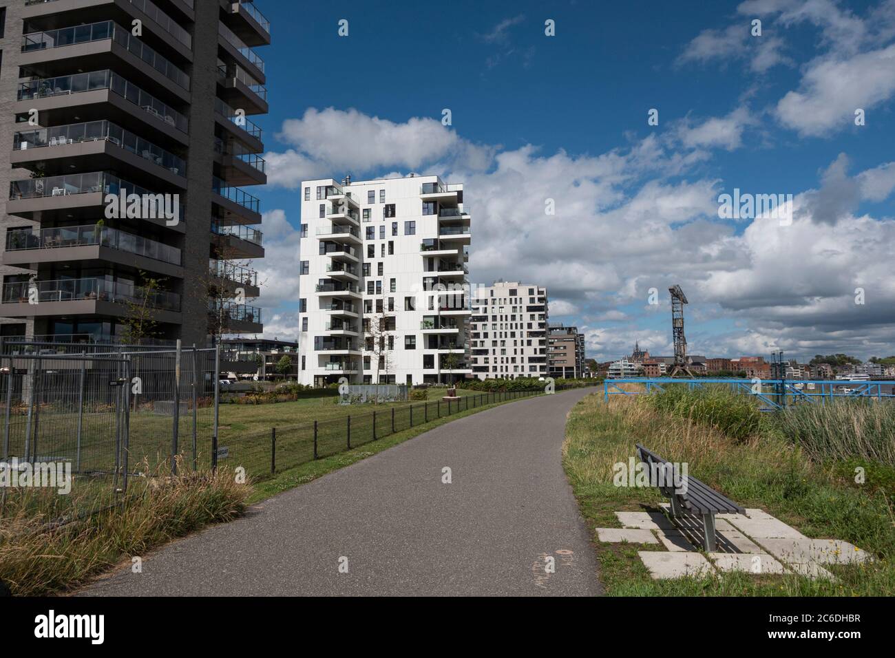 Temse, Belgium, July 05, 2020, residential apartments next to a towpath ...