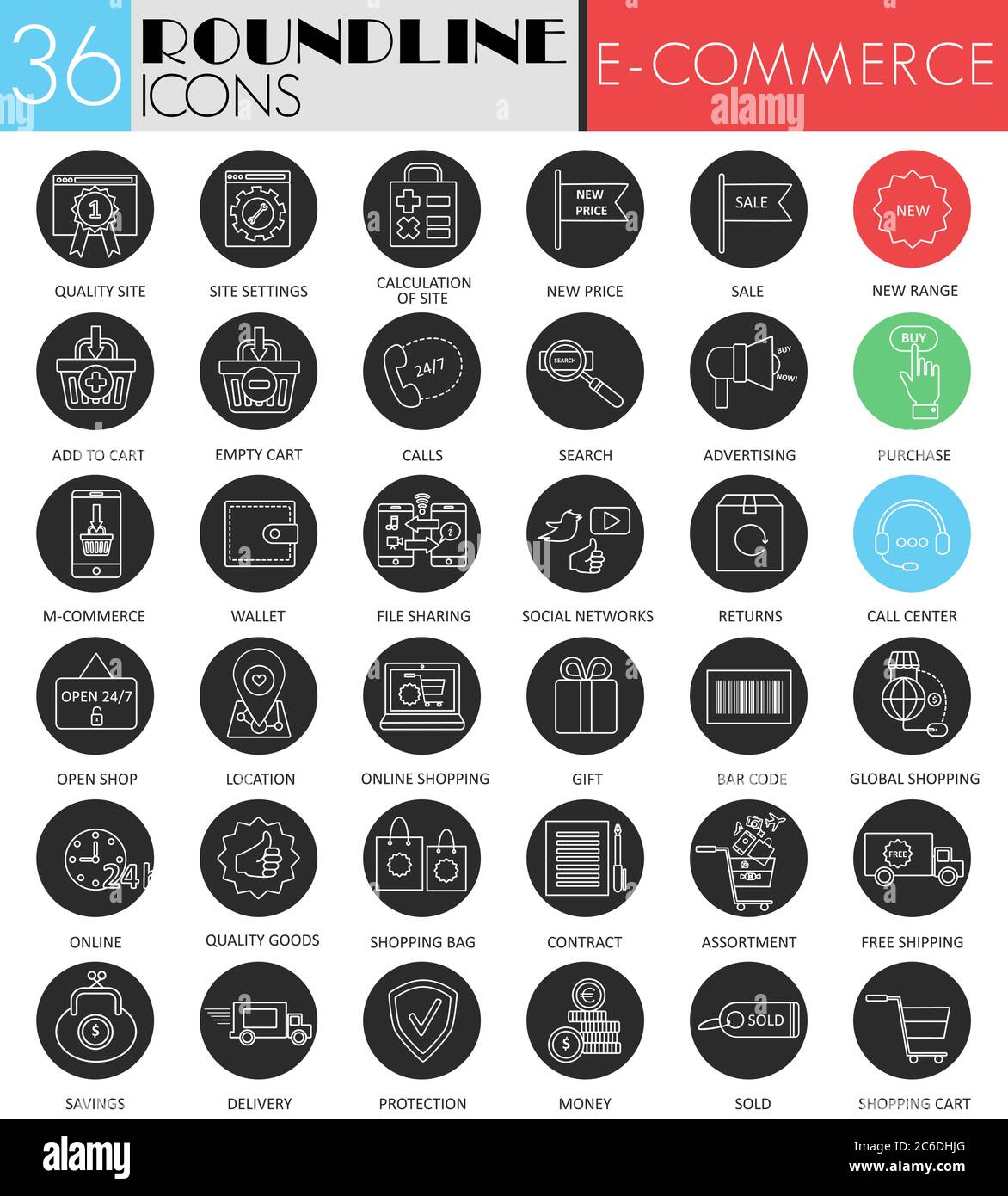 Vector e-commerce circle white black icon set. Modern line black icon ...