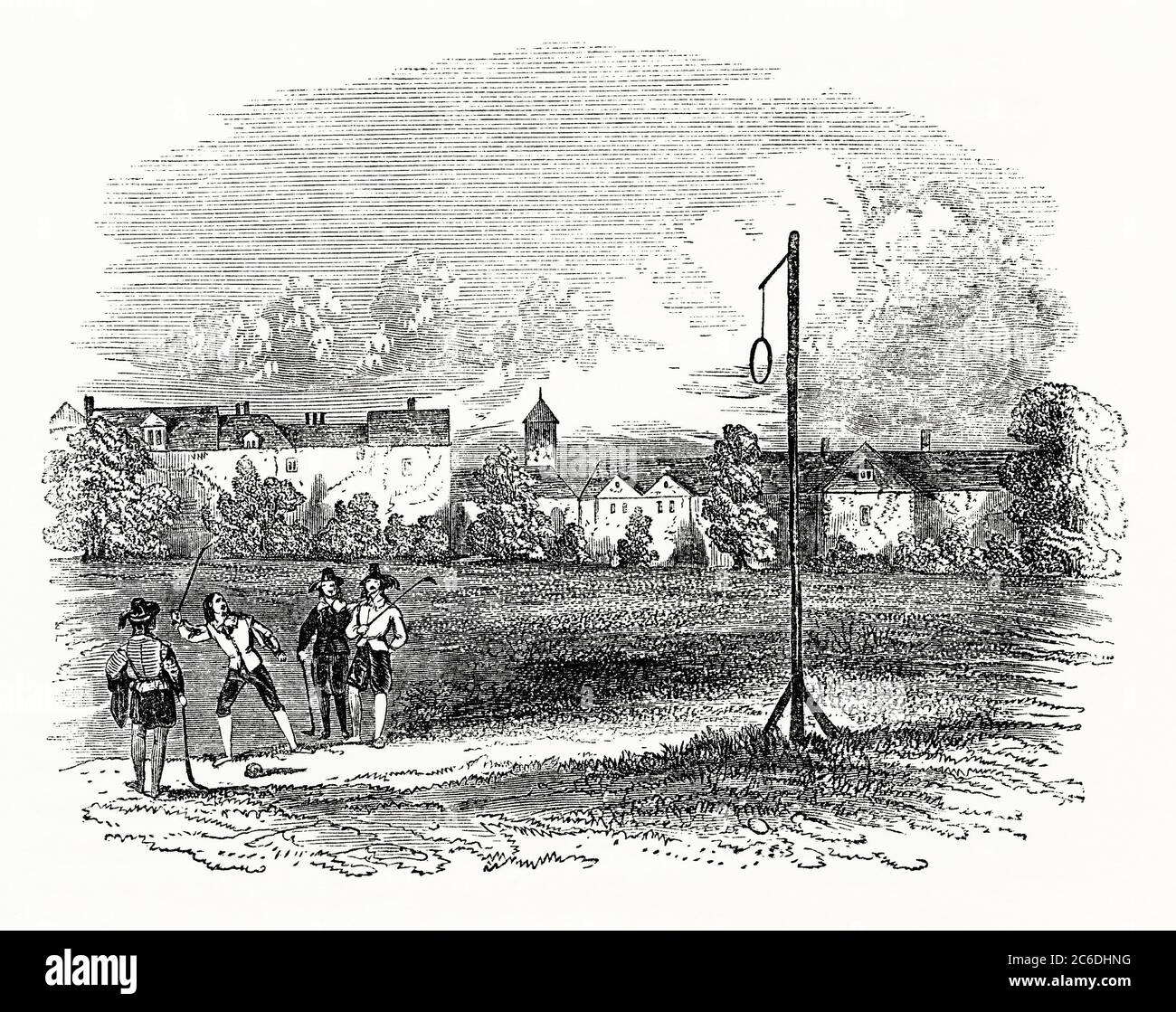 An old engraving of a men playing a game of Pall-mall in St James Park ...