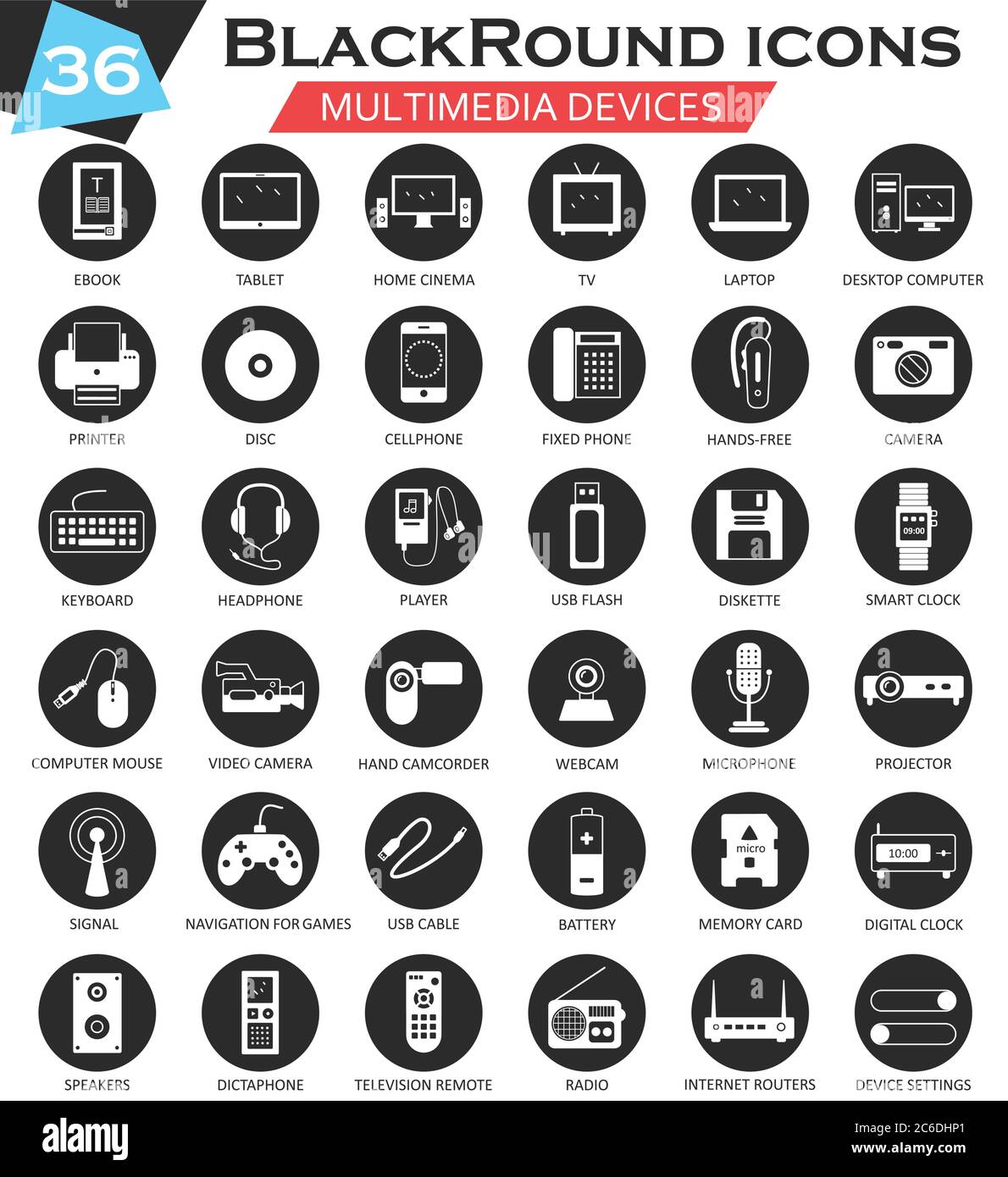 Vector Multimedia devices circle white black icon set. Ultra modern ...