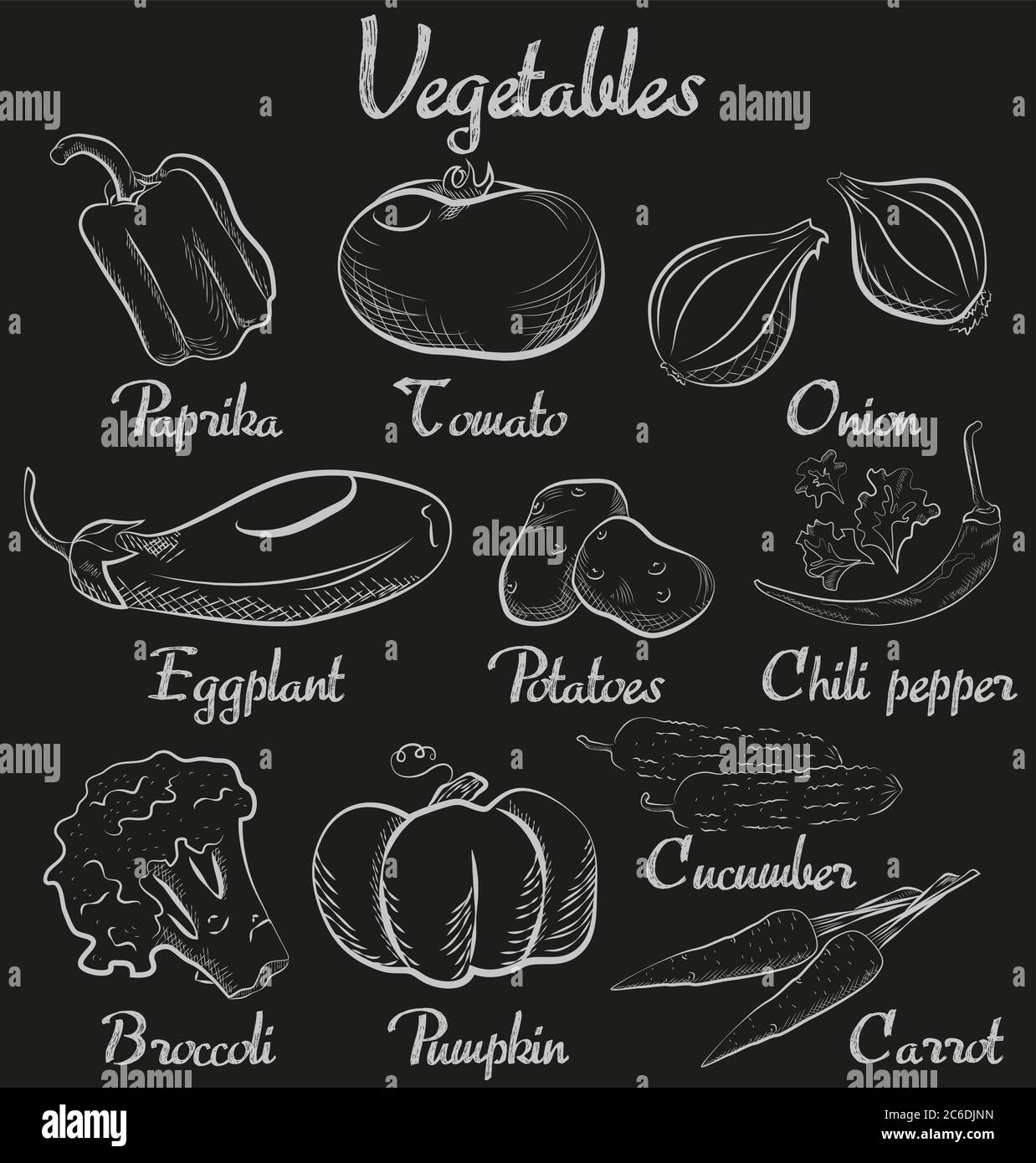 Vintage vegetables. Hand-drawn chalk blackboard sketch organic ...