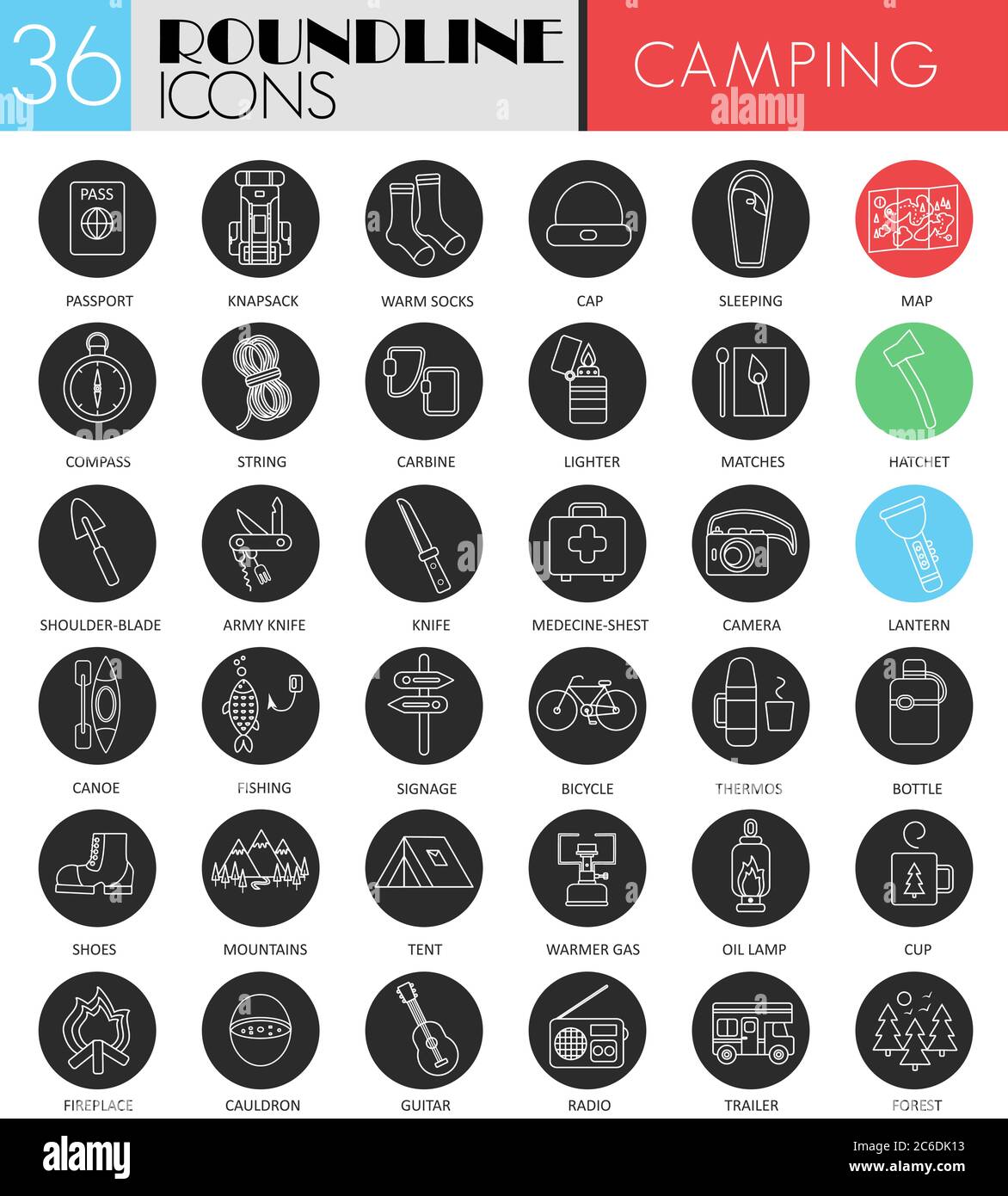 Vector camping circle white black icon set. Modern line black icon ...