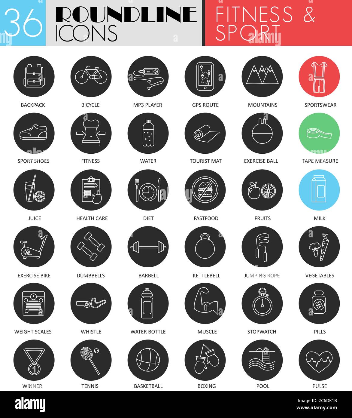 Vector sport fitness banking circle white black icon set. Modern line ...