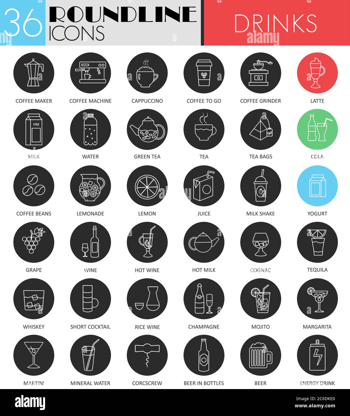 Vector Drinks circle white black icon set. Tea, Alcohol, Juice, coffee ...