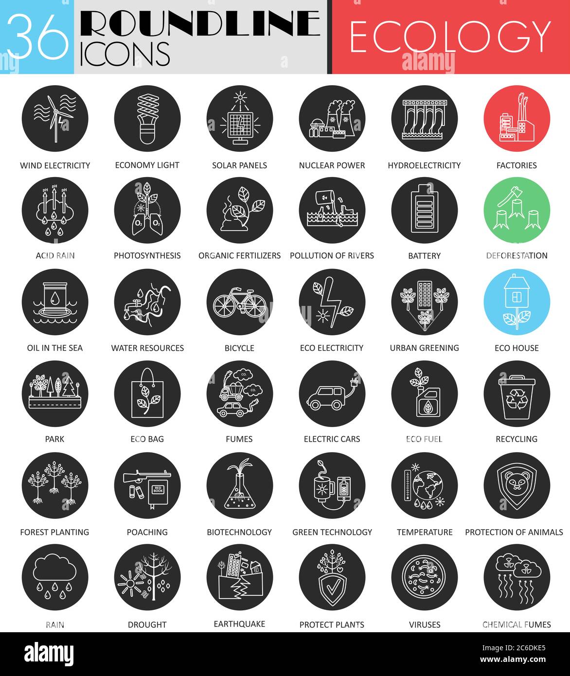 Vector Ecology circle white black icon set. Modern line black icon ...