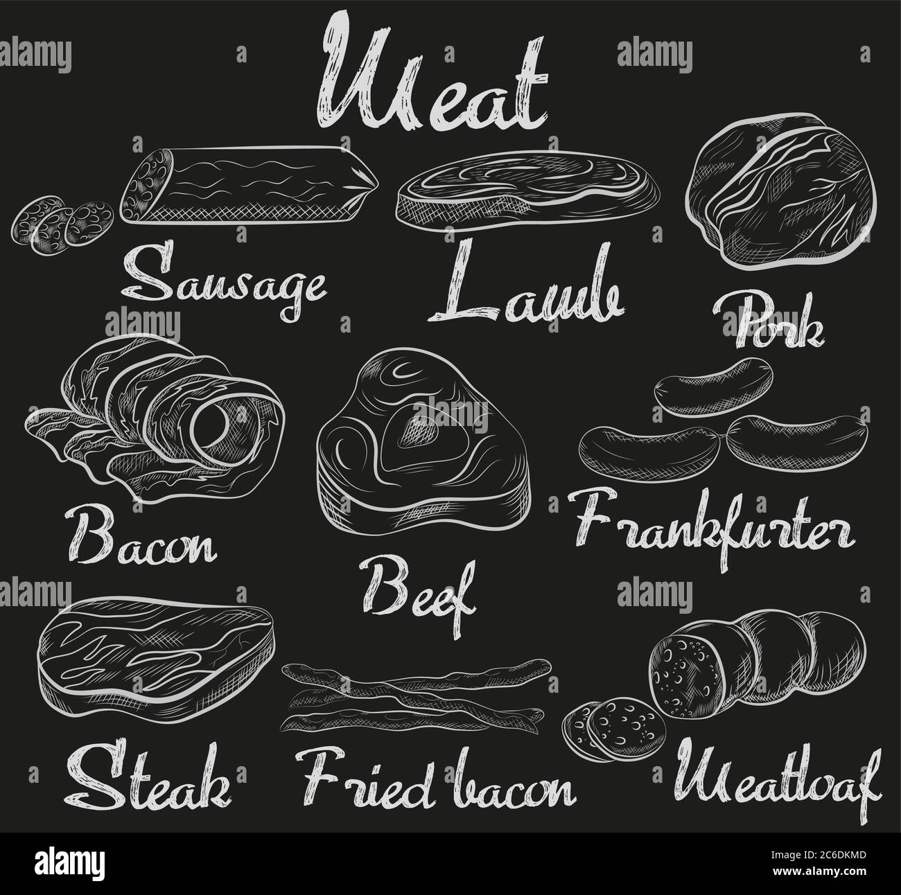 Retro meat chalk icons on chalkboard set. Steak, pork, sausage, lamb ...