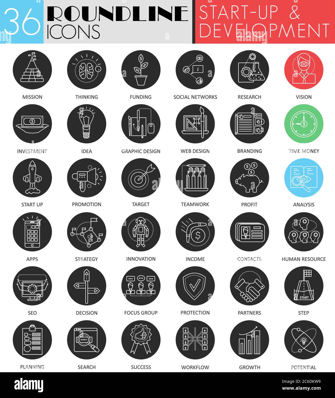 Vector startup and development circle white black icon set. Modern line ...