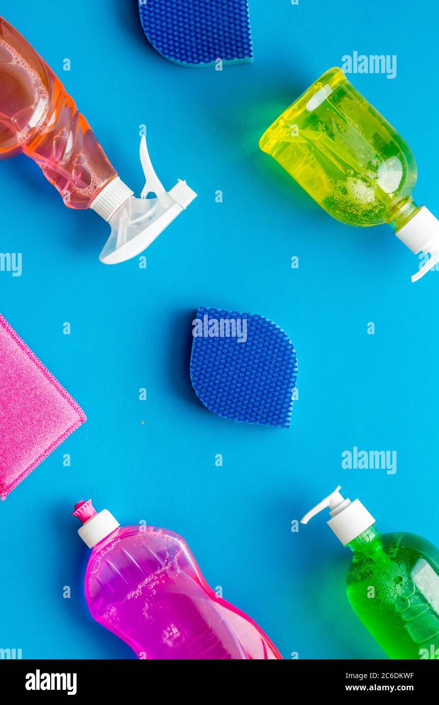 Cleaning products, sponges for housework top view pattern Stock Photo ...