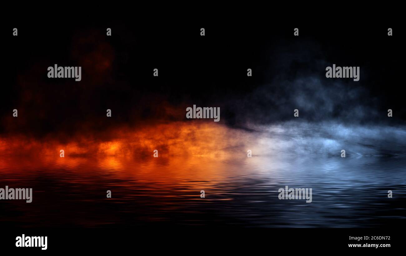 The confrontation of water vs fire. Mystical smoke with reflection on ...