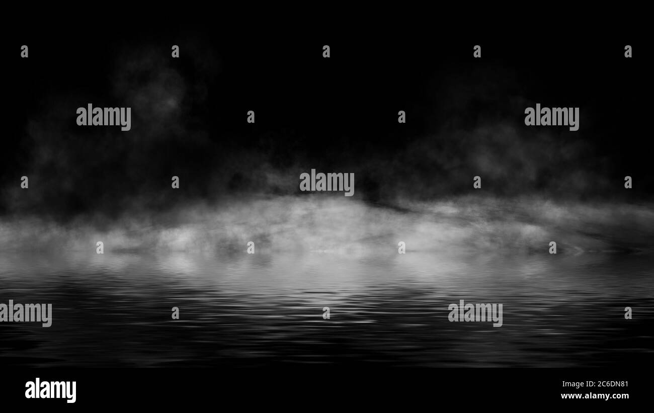 Mystery coastal fog . Smoke on the shore . Reflection in water. Texture ...