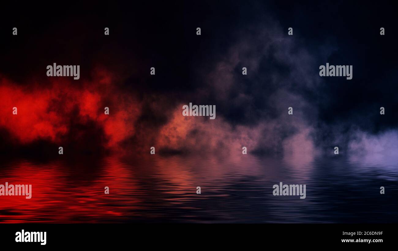 The confrontation of water vs fire. Mystical smoke with reflection on ...