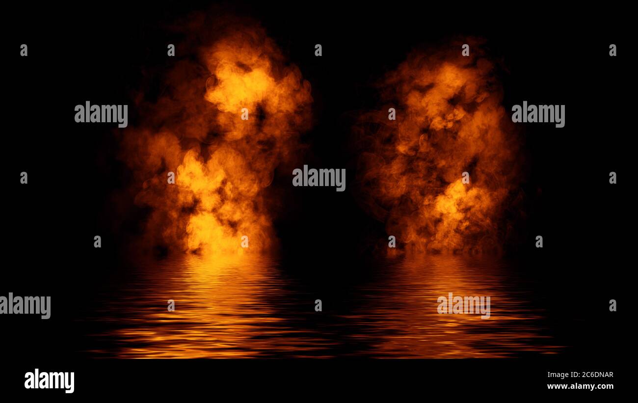 Fire smoke with reflection in water. Texture overlays background ...