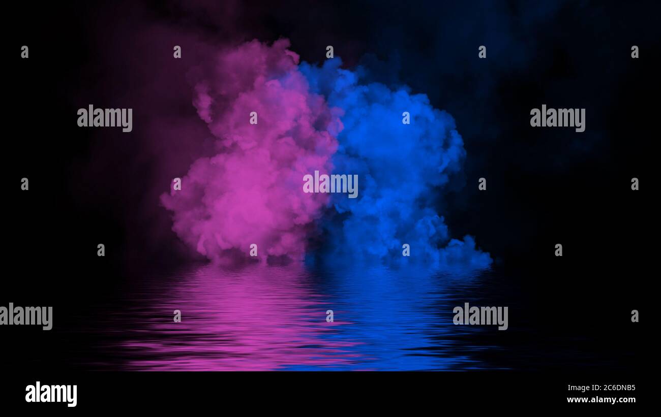 Mistery coastal fog . Pink and blue explosion smoke on the shore ...