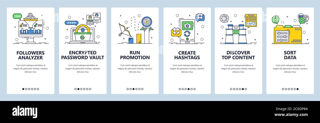 Business management tools. Mobile app onboarding screens, vector ...