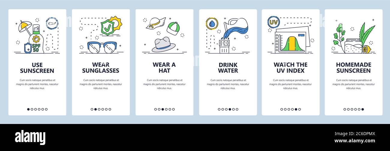 Healthy sunbathing tips. Mobile app onboarding screens, vector website ...