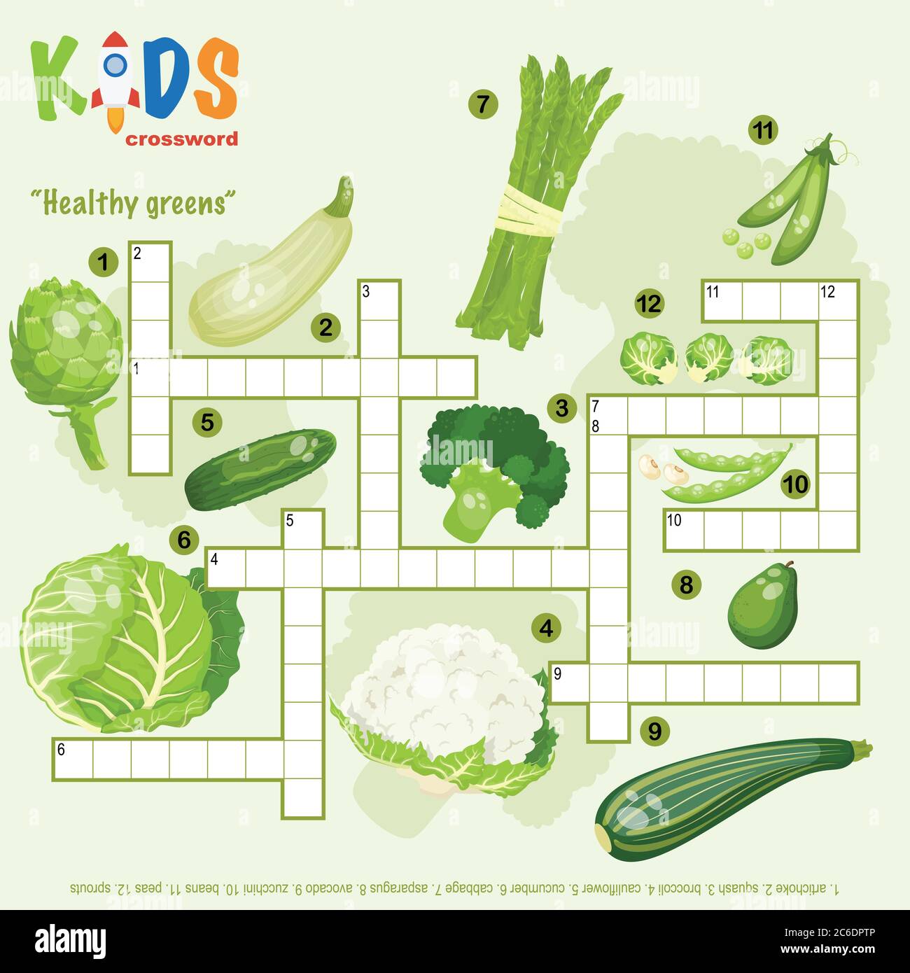 Easy crossword puzzle 'Healthy greens', for children in elementary and ...