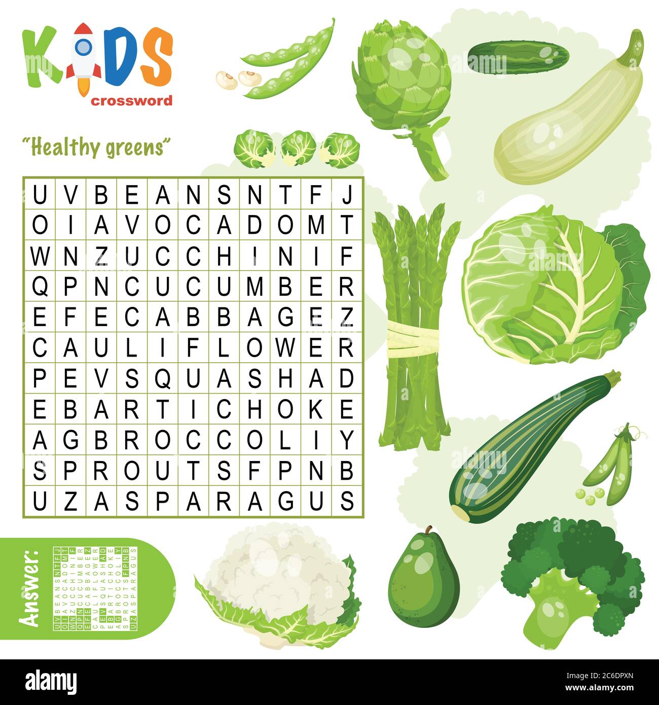 Easy word search crossword puzzle 'Healthy greens', for children in ...