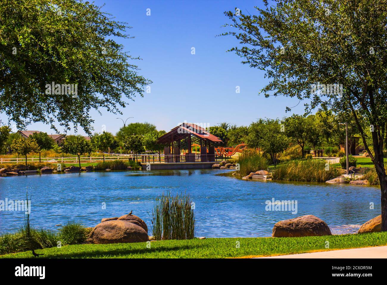 Pavilion On Public Park Pond Stock Photo - Alamy