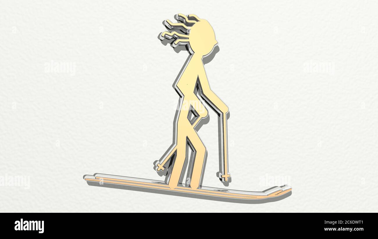 simple ski man made by 3D illustration of a shiny metallic sculpture on ...