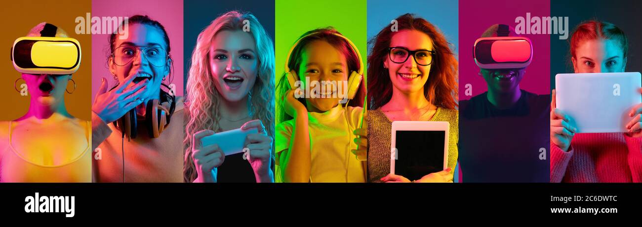 Portrait of people on multicolored background in neon light. Flyer ...