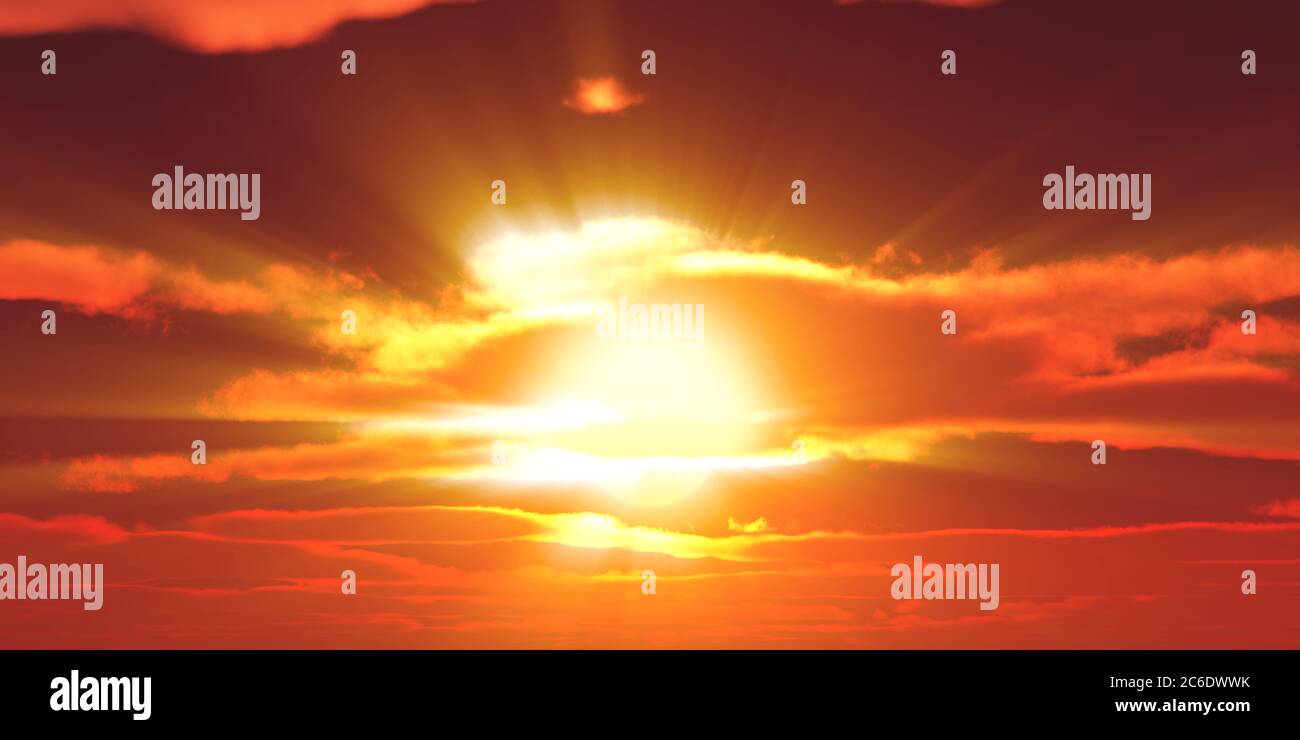 Big sun sky at beautiful sunset, 3d illustration Stock Photo - Alamy