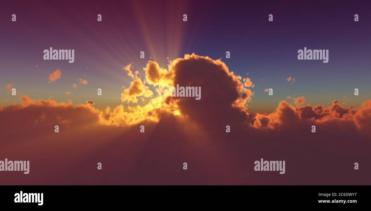 above clouds sun ray sunset. 3d render illustration Stock Photo - Alamy