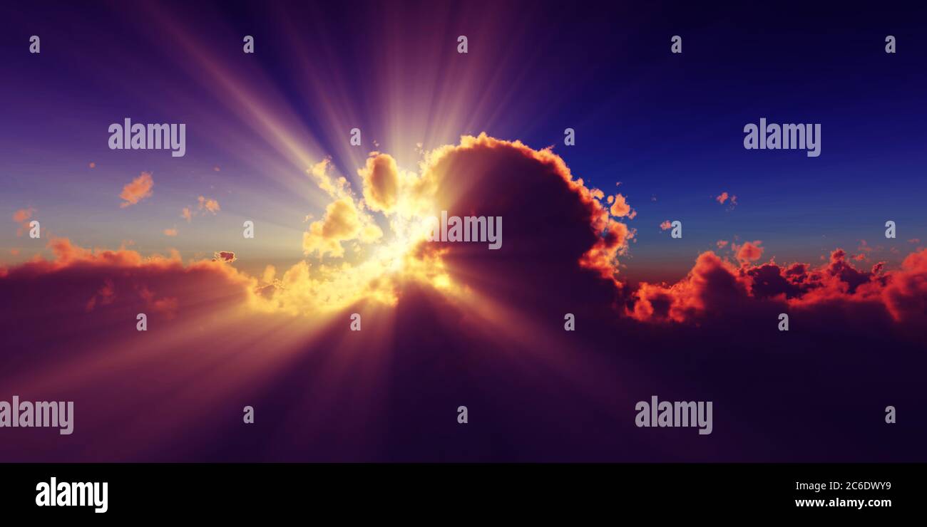 above clouds sun ray sunset. 3d render illustration Stock Photo - Alamy
