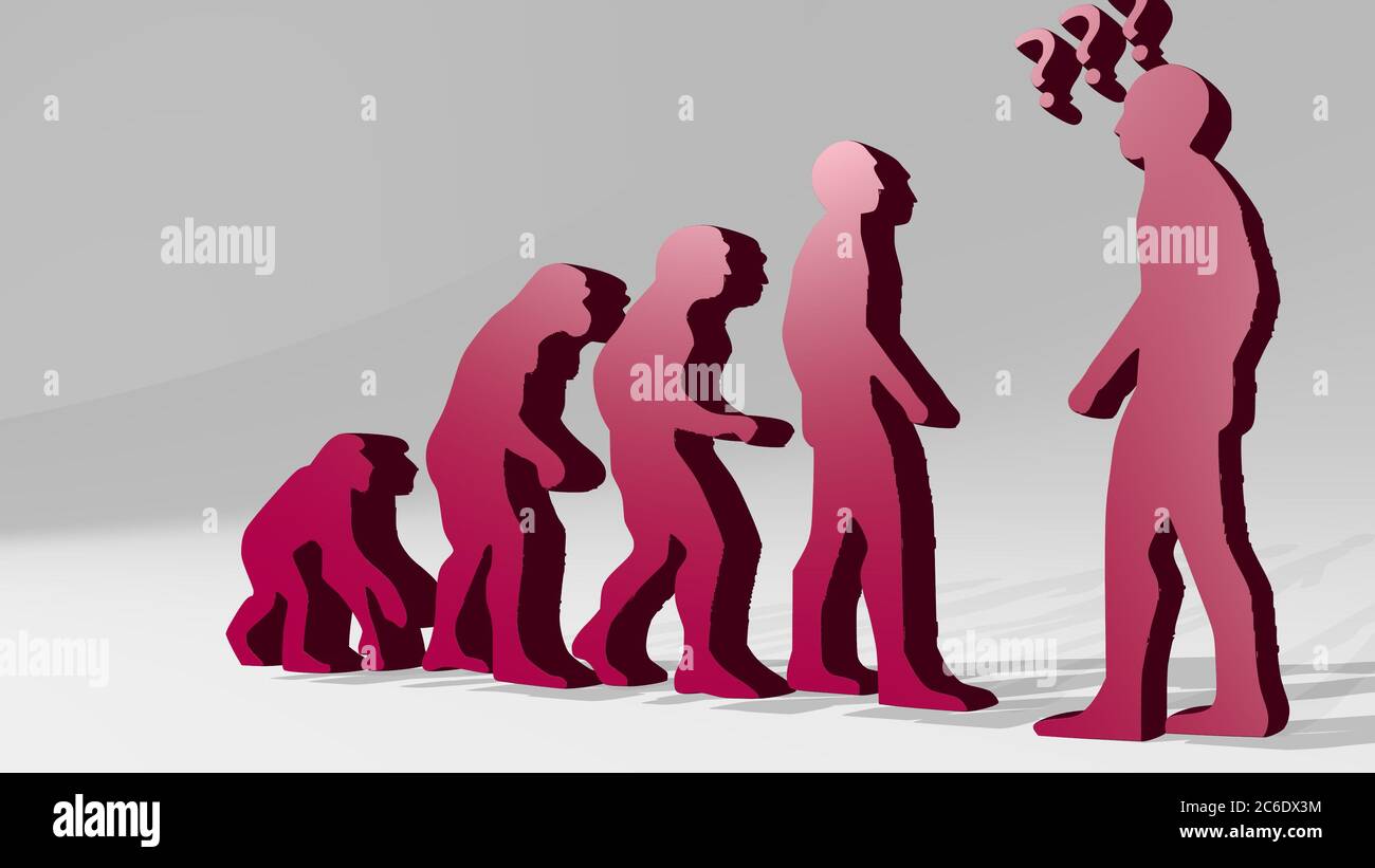 question of evolution of human made by 3D illustration of a shiny ...